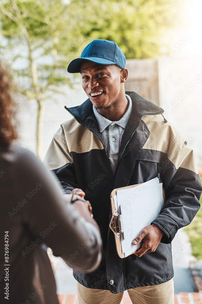 Happy, delivery man and handshake with woman by door for ecommerce ...
