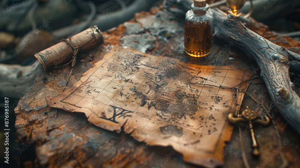 A treasure map craft, with an old paper stained with tea and marked ...