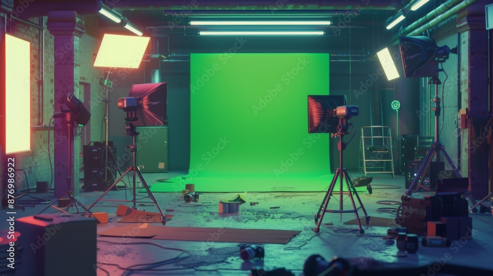 A green screen studio set up with lighting equipment, including a large ...