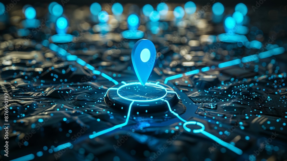 Digital location pin network concept. Glowing blue location pin ...