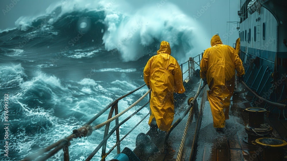 A boat is shown engulfed by gigantic waves during a severe storm, with ...