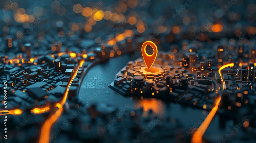 Location pin on city map. Illuminated pin marker on a 3D city map ...