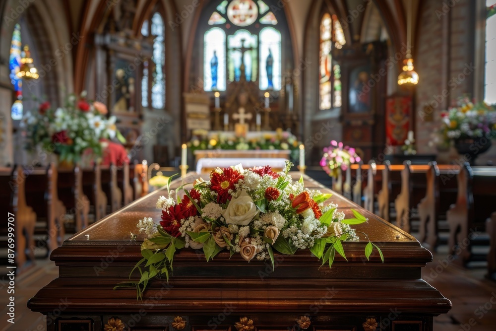 Eternal Farewell, Solemn funeral ceremony with a coffin in a serene ...