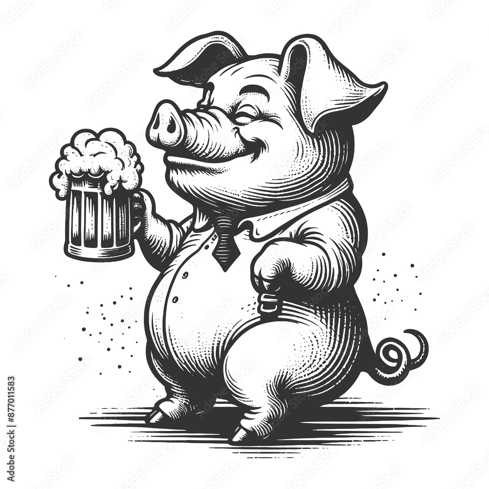 cartoon pig in a shirt and tie, happily holding a beer mug, showcasing ...