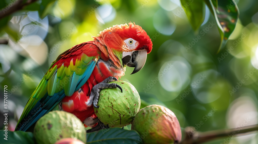 The parrot eats a ripe green guava with gusto. Her interest in the ...