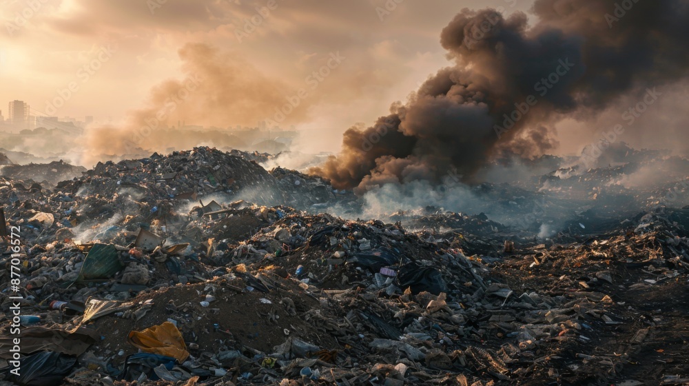 Thick smoke rising from a burning pile of garbage, highlighting ...