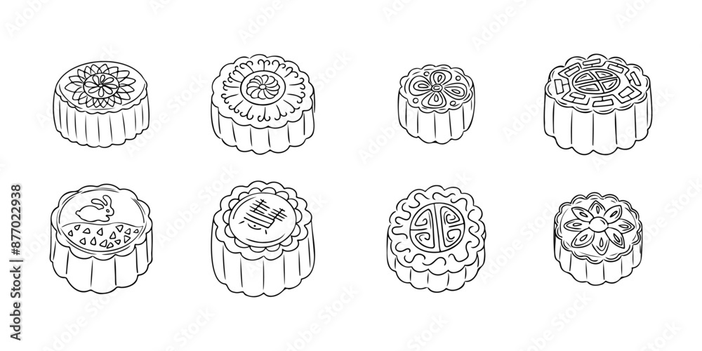 Mooncakes doodle set. Monochrome vector contour stickers with food for ...