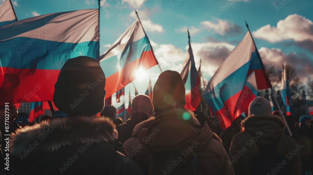 World Day of Russian Unity. Human hands are holding Russian flags ...