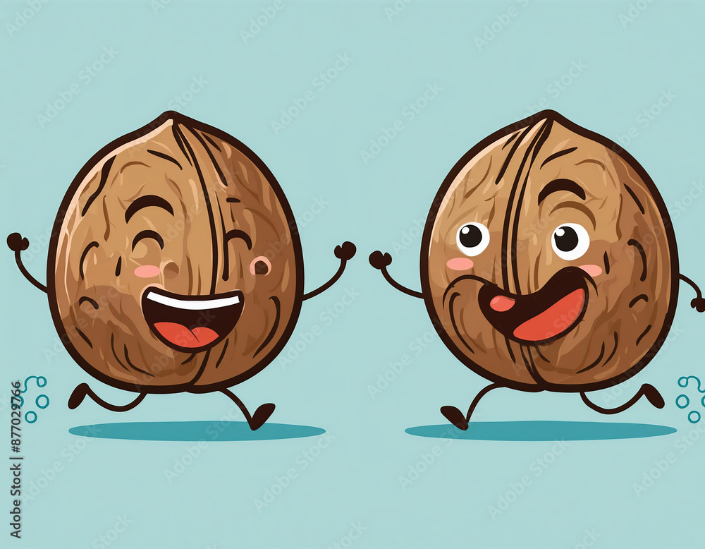 cartoon illustration of two walnuts with face and arm in funny pose ...