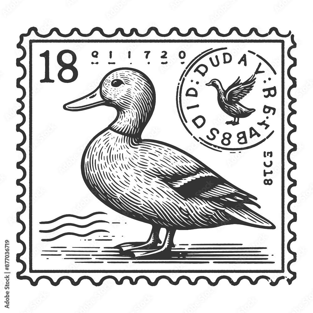vintage postage stamp featuring a detailed drawing of a duck, with ...