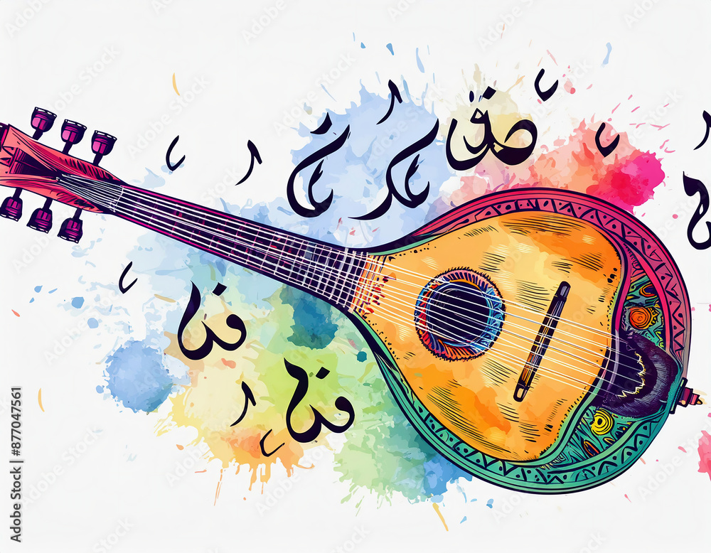 Oriental musical background with oud or mandolin and musical notes with ...