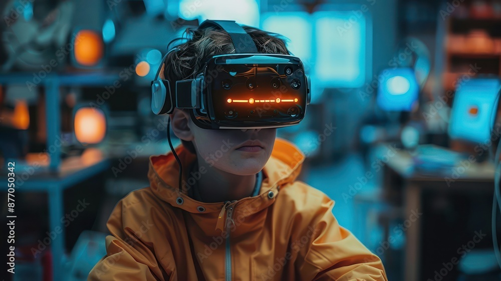 Teenage boy using virtual reality headset to simulate coding for a ...