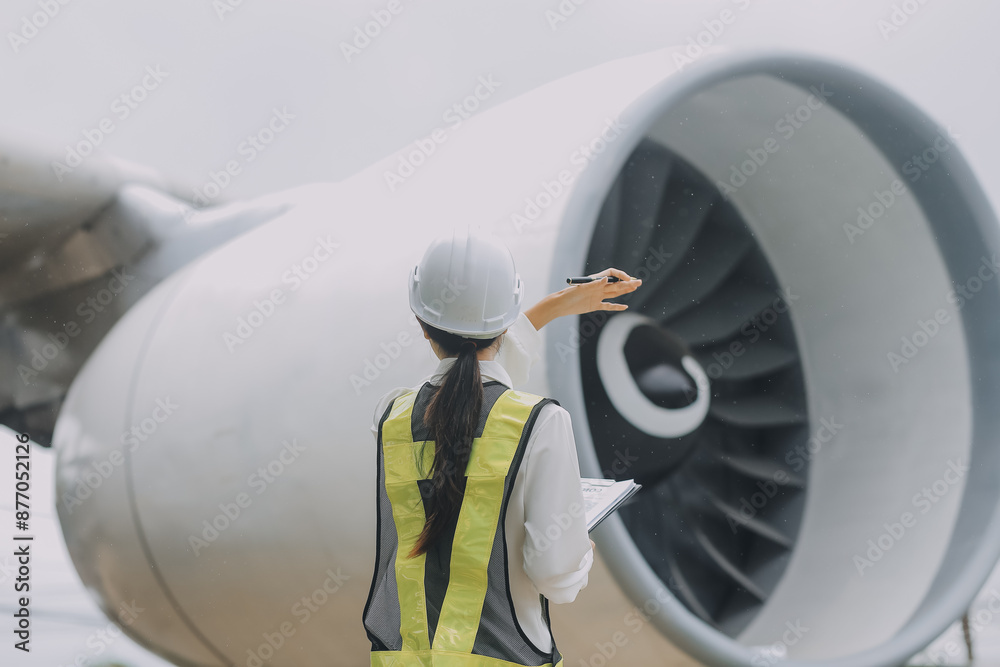 Technician fixing the engine of the airplane,Female aerospace ...
