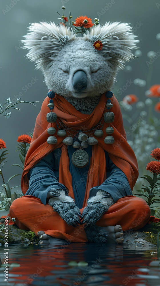 Koala monk wearing orange and blue robes is meditating by the water ...