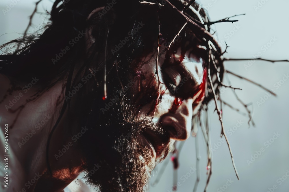 Jesus with bloody crown of thorns on His head over light background ...