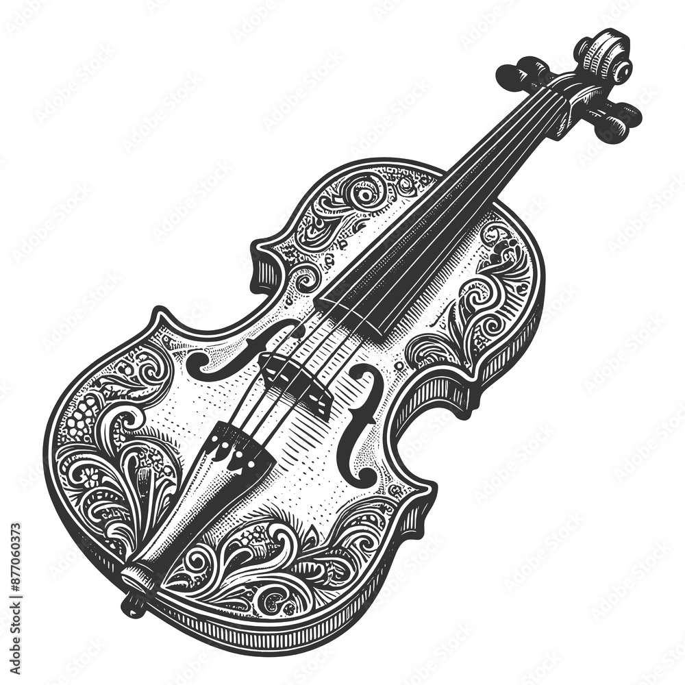 ornately decorated violin, showcasing intricate scrollwork on the body ...
