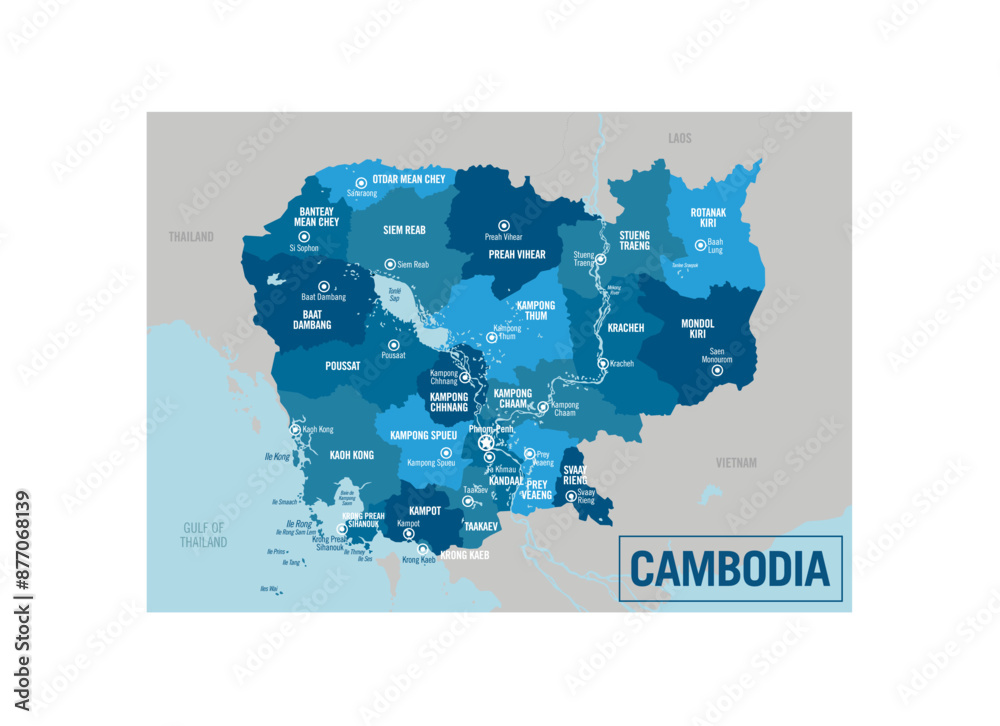 Cambodia country political map. Asia. Detailed vector illustration with ...