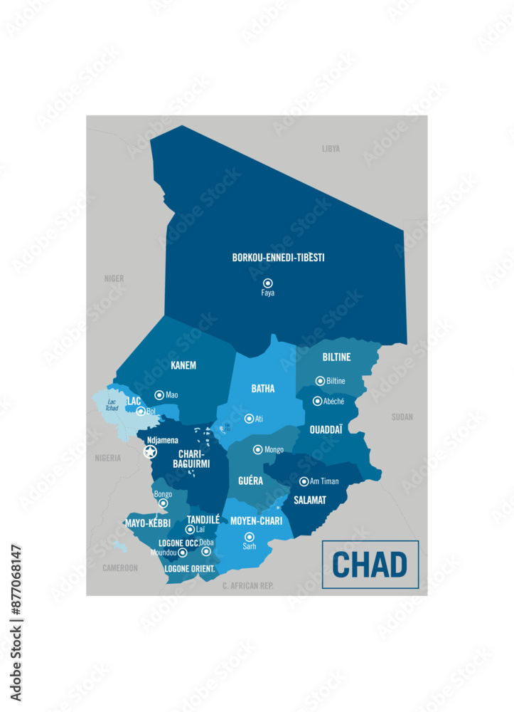 Chad, Tchad, Africa country political map. Detailed vector illustration ...