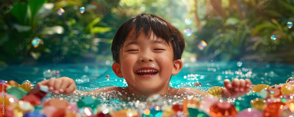 a surreal photograph of a 5-year-old Asian kid playing swimming in a ...