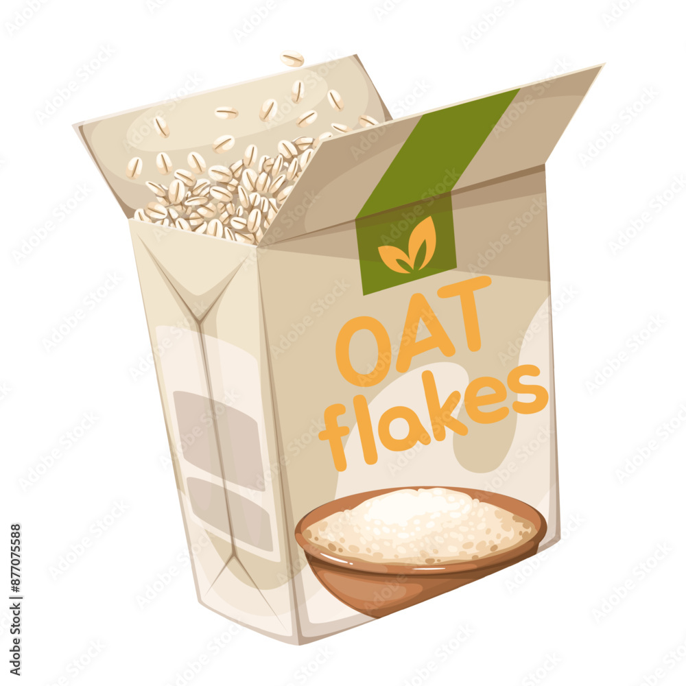 Package with oat flakes, cartoon open supermarket packaging. Healthy ...