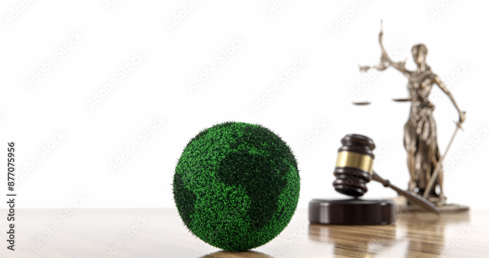 Environment Law. Green Globe World, gavel hammer and Themis is Goddess of Justice. Environmental ...