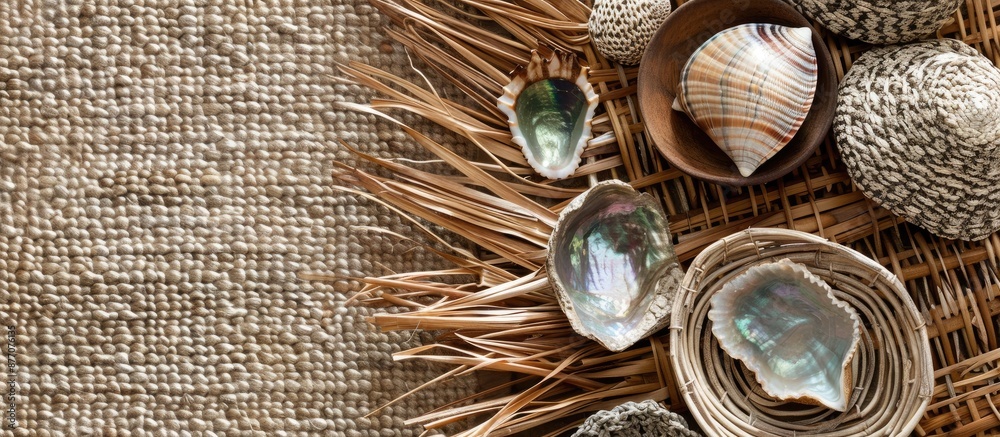 Maori themed objects like mere, abalone shells, and a Whanua label ...