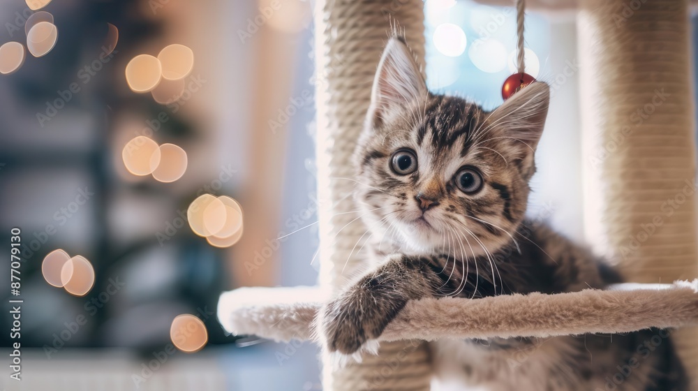 curious kitten exploring multilevel cat tree paws outstretched tail ...