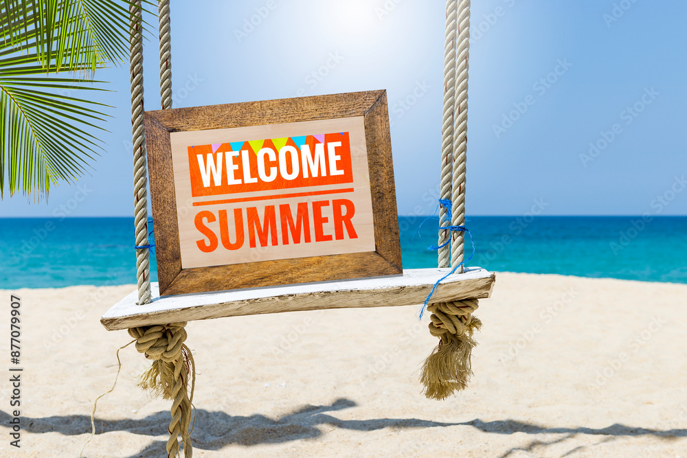 Welcome summer sign on wooden swing over tropical beach background ...