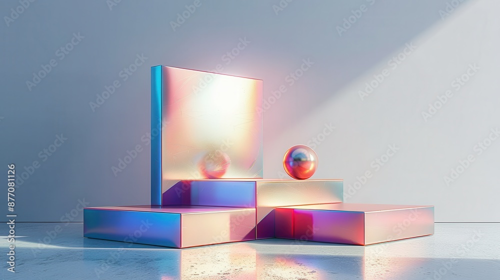 Minimalist abstract art installation featuring iridescent blocks under ...