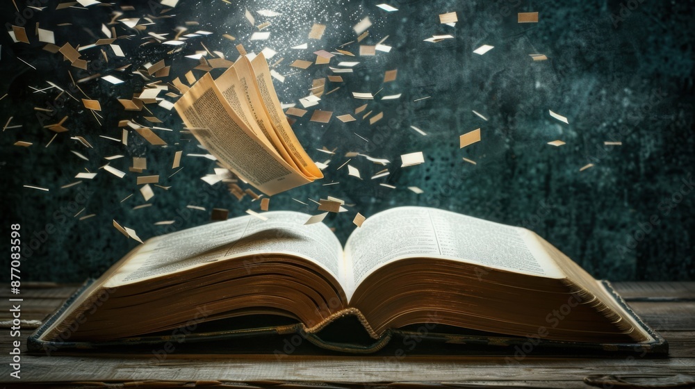 An open book with magical, glowing pages and letters flying out, with a ...