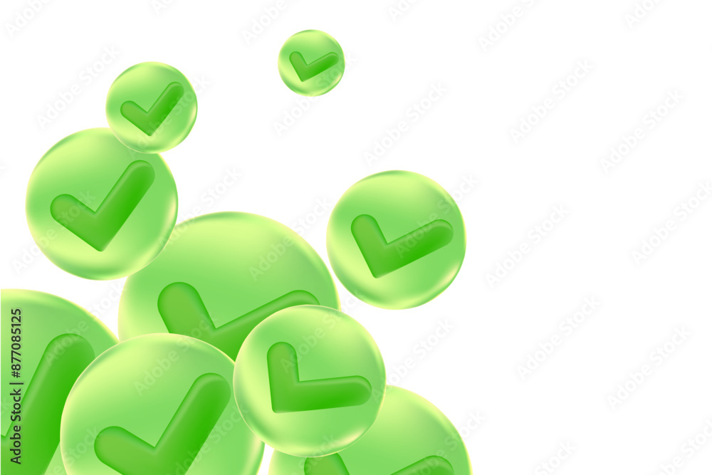 Cute 3D eco friendly check mark icon, in green glowing bubbles ...
