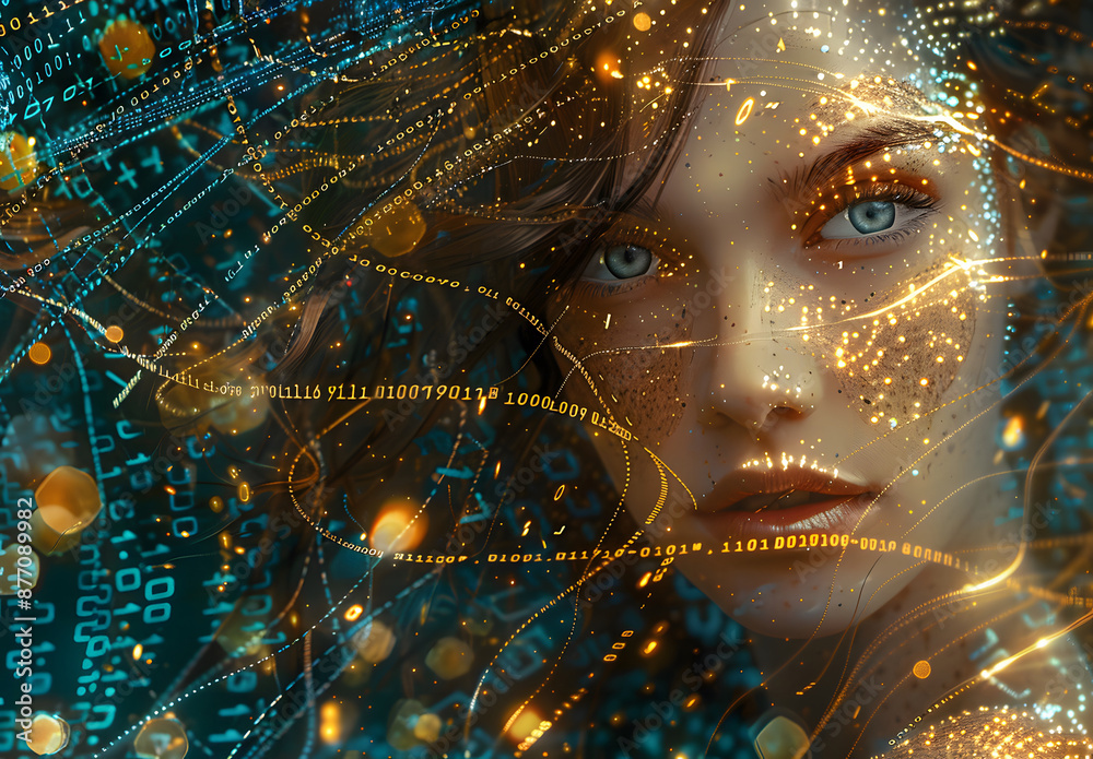 Female face against binary code. Humans look at the camera from matrix ...