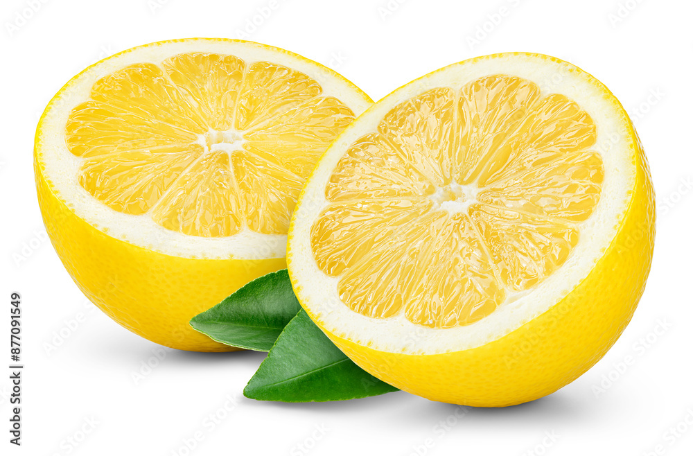 Lemon half with leaf isolated png. Cut lemon with leaves on transparent ...