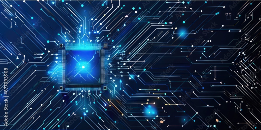 Central computer processor illuminated in blue, integrated within a ...