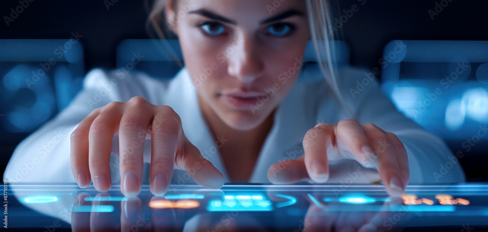 Woman using futuristic touchscreen interface, focusing intensely on interactive technology ...