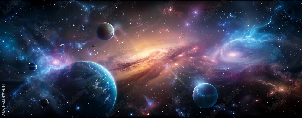 Design an anime wallpaper with a magical space scene, showing a ...