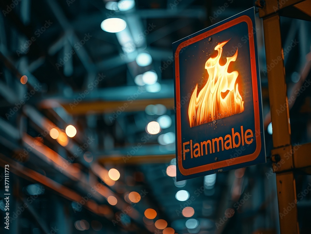 graphic sign with a flame icon and the label "Flammable" warning of the ...