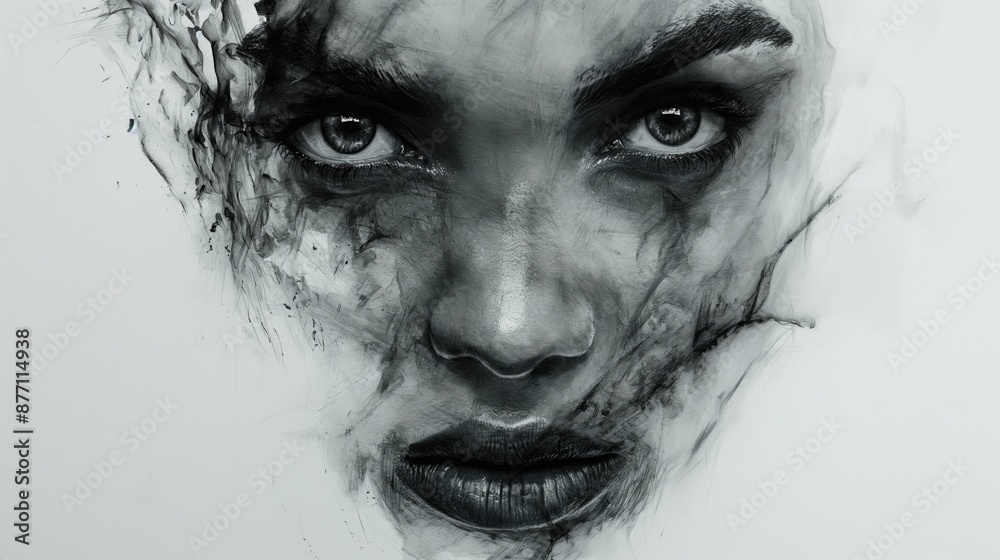 Charcoal sketch portrait if young determined woman with lively eyes and ...