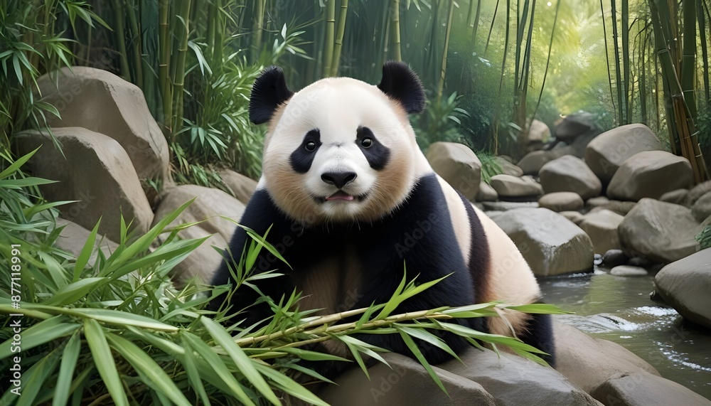 Macro shot of a panda. Panda close up. A baby panda eating leaves ...