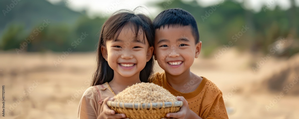 Smiling Siblings Holding Rice Basket, A Symbol of Family Tradition in ...