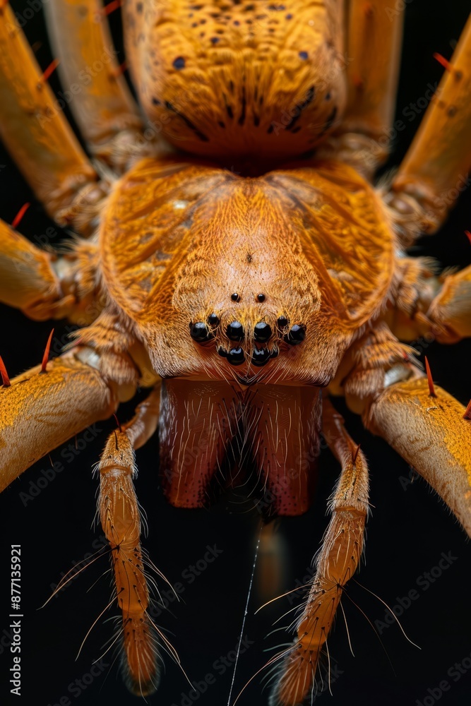 A tight shot of a spider's head, adorned with orange and black markings ...