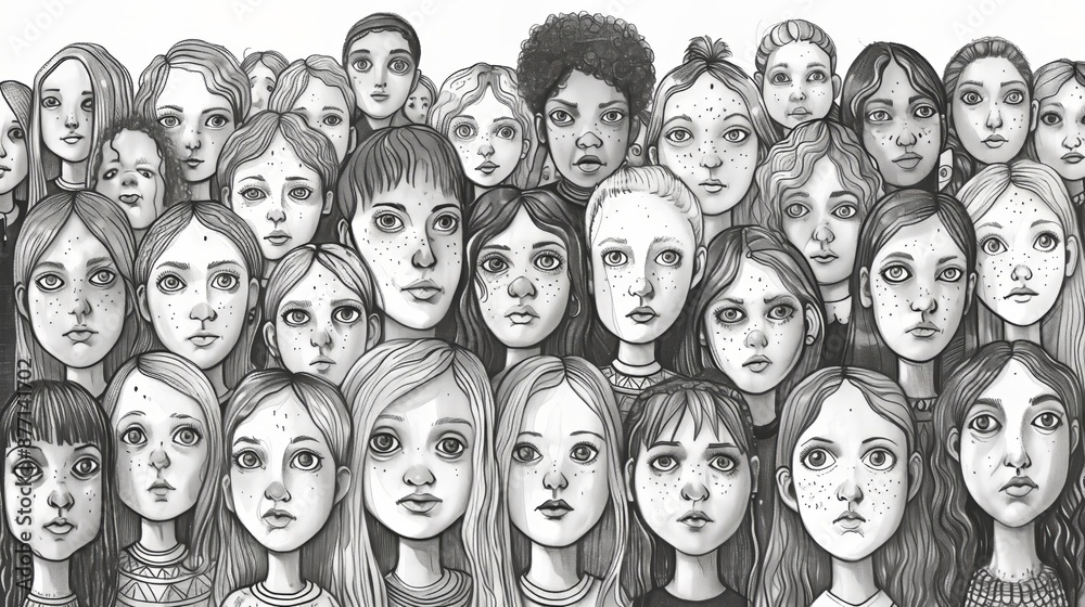 An illustration featuring a diverse array of hand-drawn faces with ...