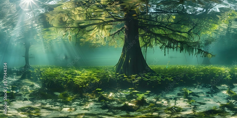 Swampy underwater scene with submerged trees algae and marine life ...