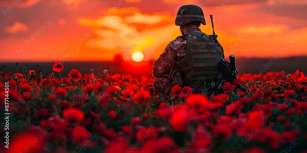 Soldier with red poppy kneeling in remembrance against dawn backdrop ...