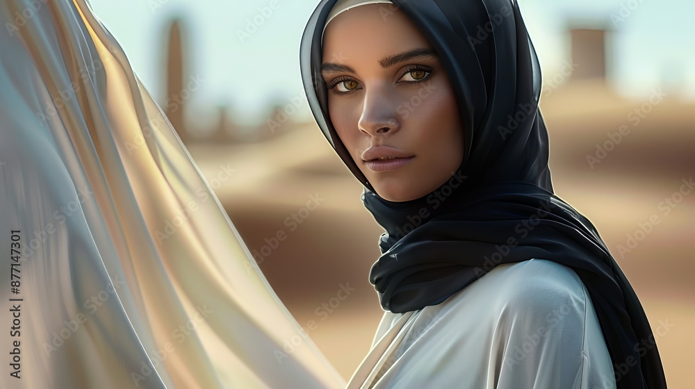 Woman in a Black Hijab with a Flowing White Abaya, Desert Background ...