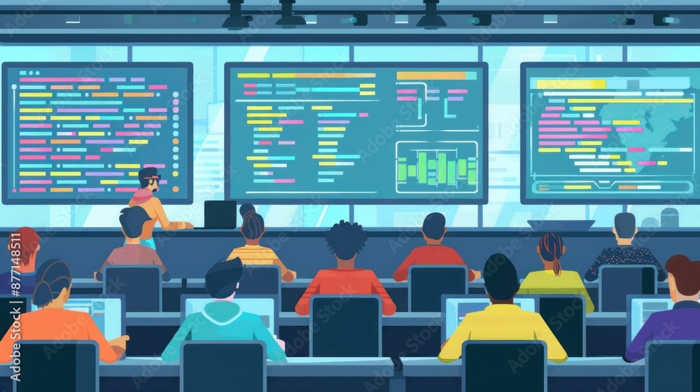 Flat design illustration of a teacher conducting a coding class with ...