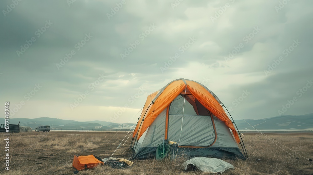 Transform the traditional camping scene into a surreal dystopian ...