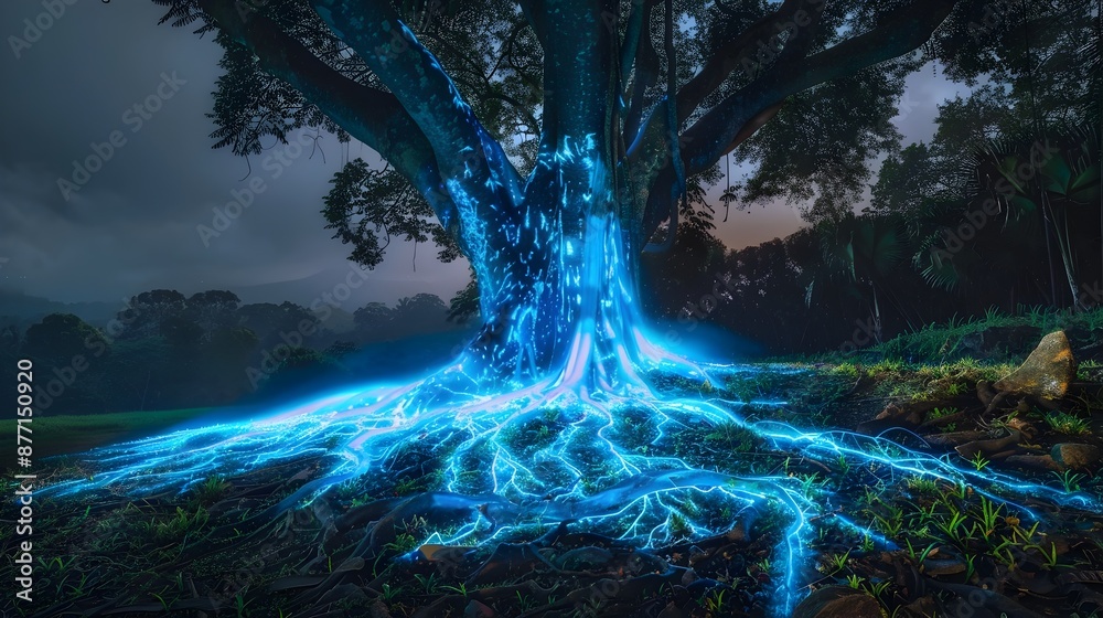 Glowing Bioluminescent Tree Roots in Enchanted Nighttime Forest Landscape Stock Illustration ...