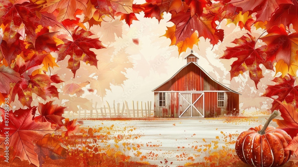Create a watercolor painting of a barn in the fall. Include falling ...