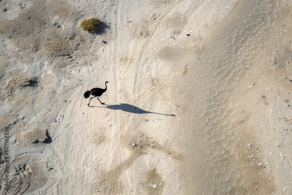 Straight down aerial view of Ostrich running across the Makgadikgadi ...